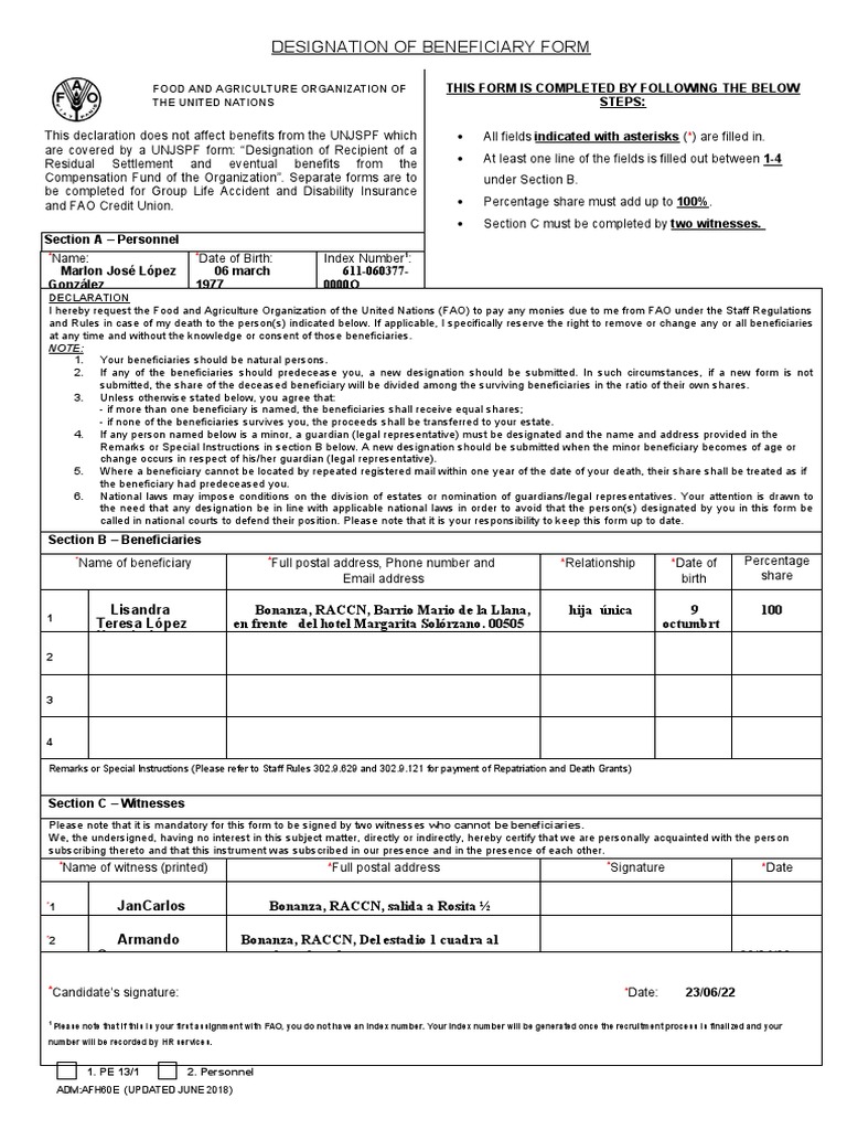 2 ADM60e Designation of Beneficiaries (Money From FAO) | PDF ...