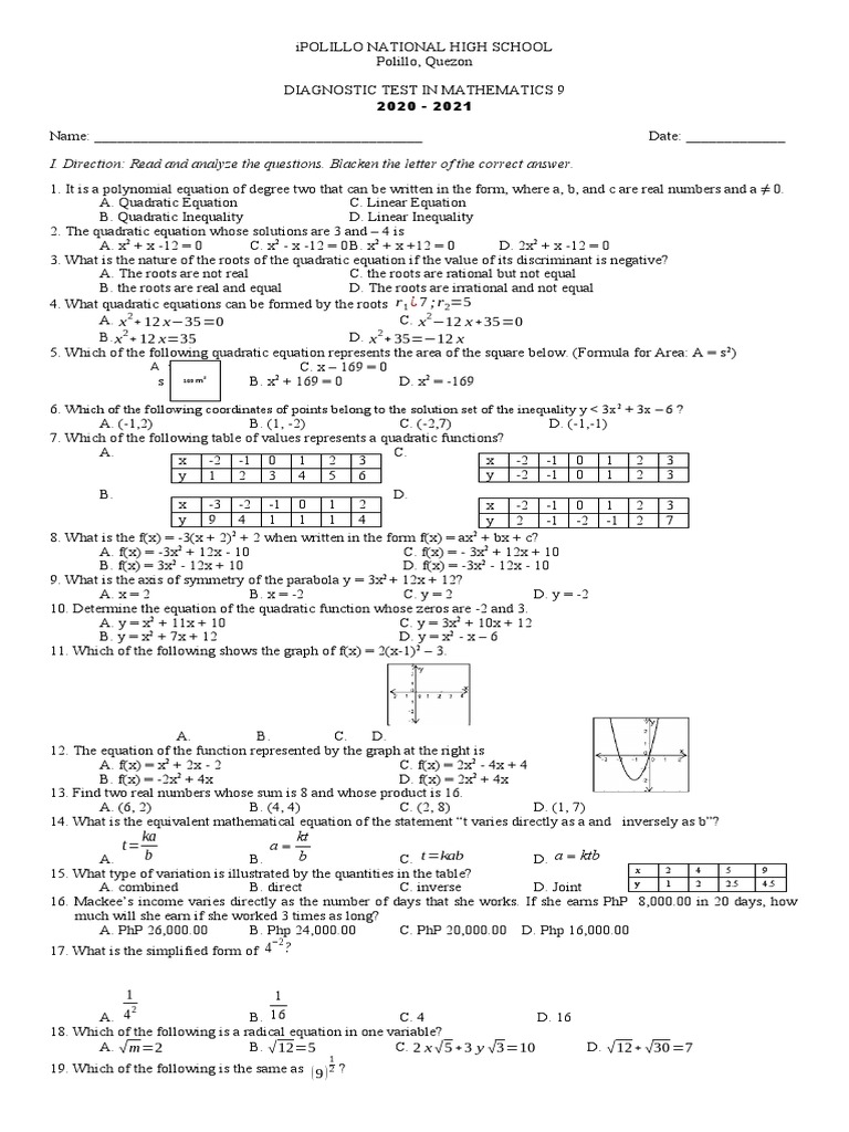 Diagnostic Test 2020 - 2021 No Ans | PDF | Quadratic Equation | Equations
