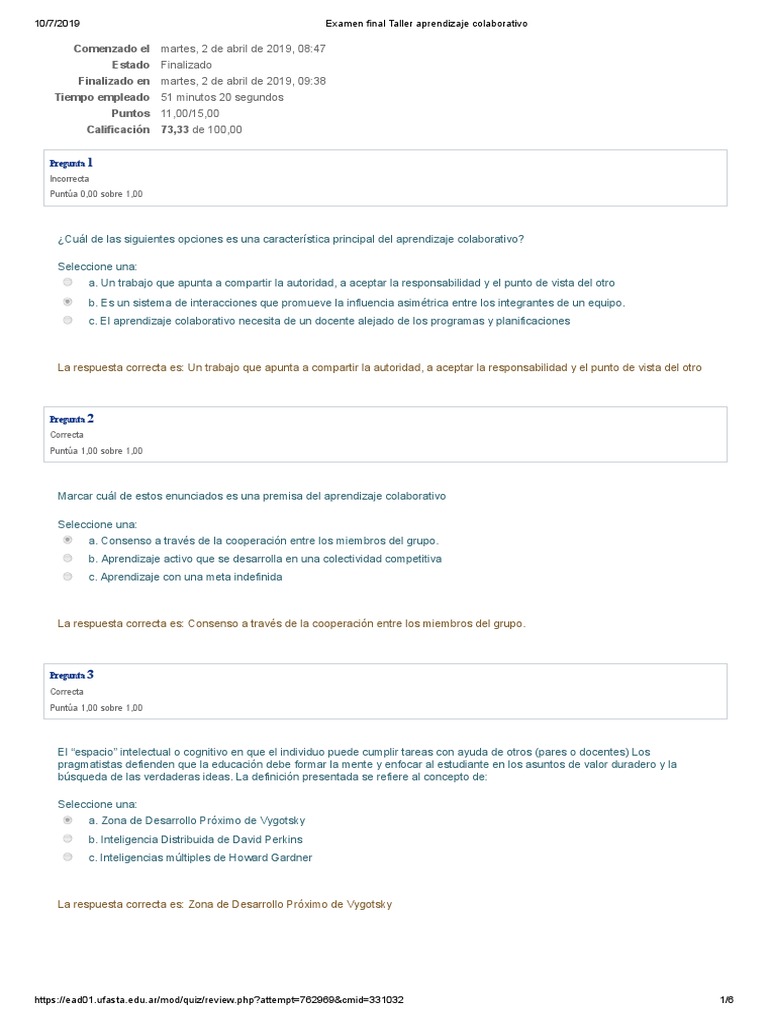 Examen Final Taller Aprendizaje Colaborativo S | PDF | Prueba (evaluación) | Aprendizaje
