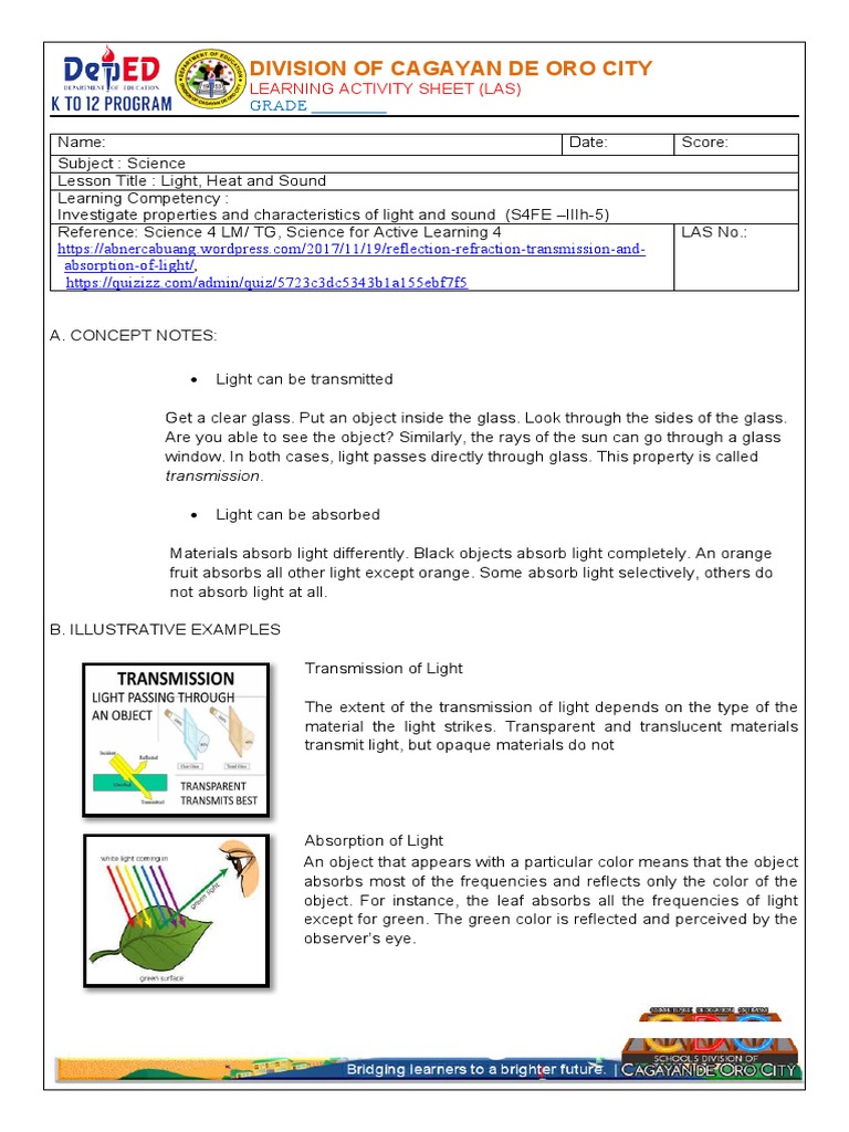Science LAS: Properties of Light and Sound | PDF | Light | Reflection ...