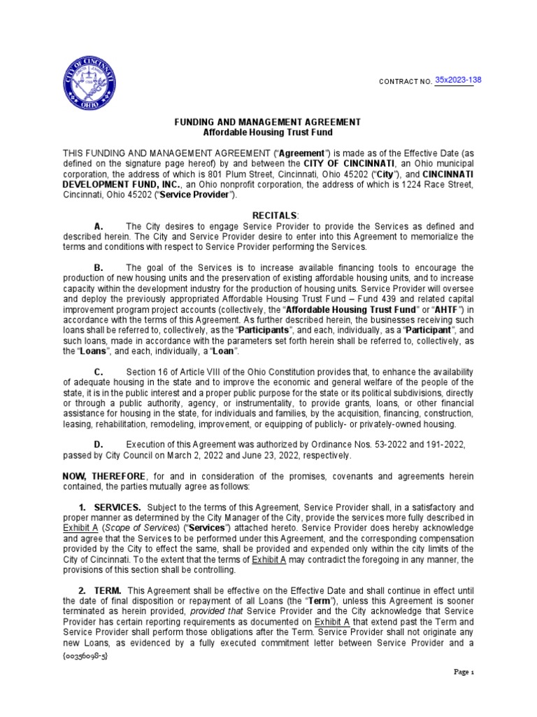 CDF Funding and Management Agreement - Affordable Housing Trust Fund FE ...