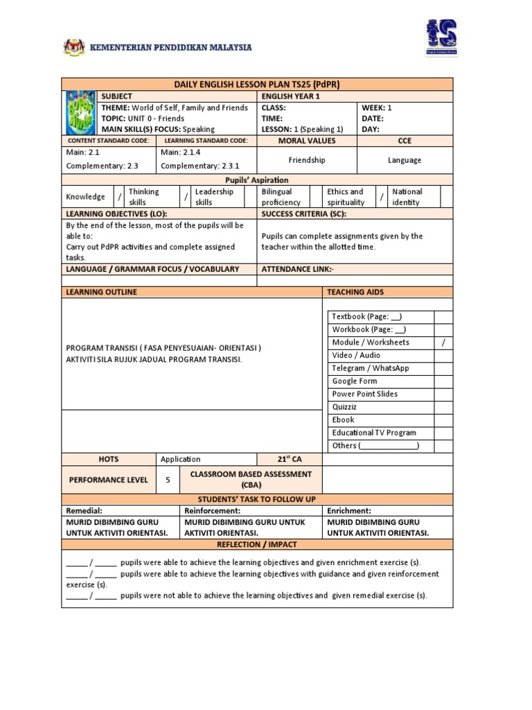BI YEAR 1 TS25 TRANSISI | PDF | Lesson Plan | Linguistics