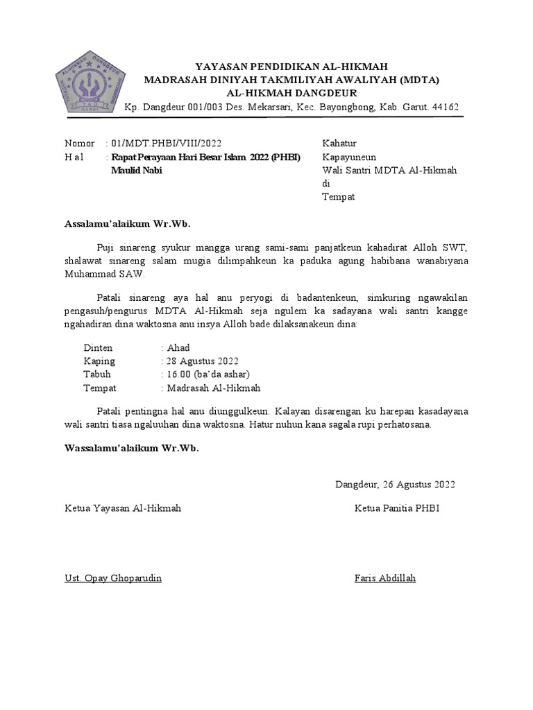 Surat Undangan PHBI MULUDAN 2022 | PDF