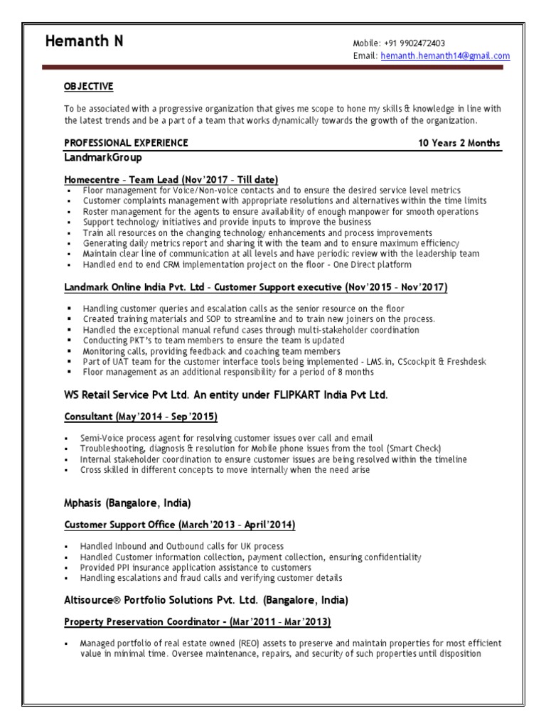 Hemanth N - CV | PDF | Real Estate Owned | Business