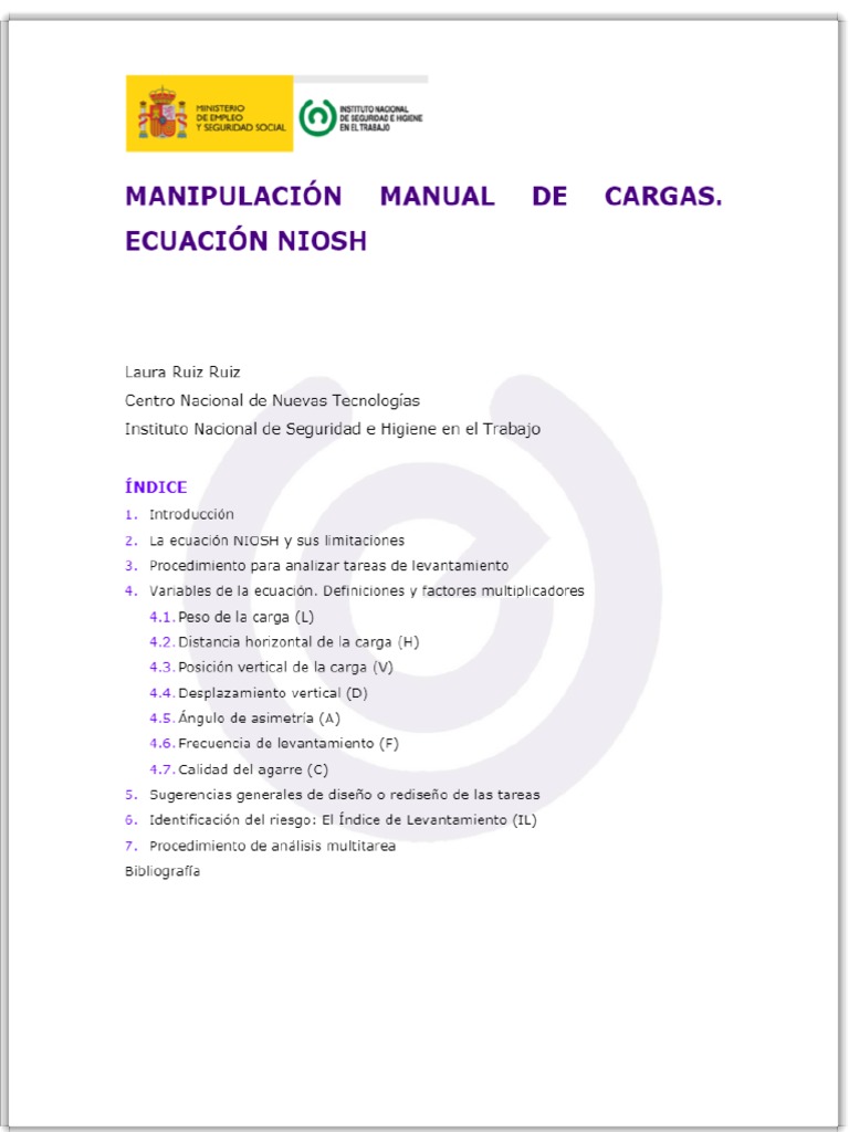 Manipulación Manual de Cargas. Ecuación Niosh PDF | PDF