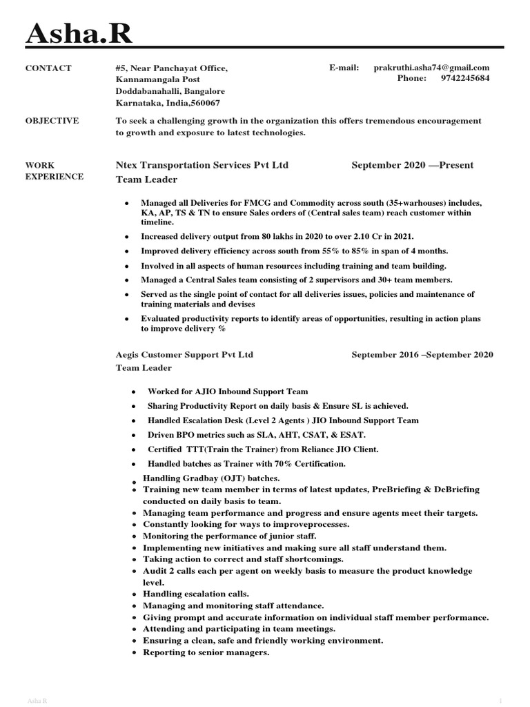 Asha.R: Ntex Transportation Services PVT LTD September 2020 - Present ...