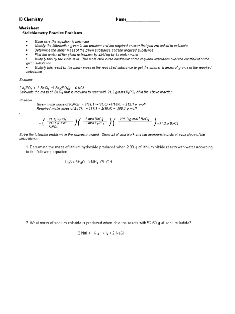 IB Chemistry Name - Worksheet Stoichiometry Practice Problems | PDF ...