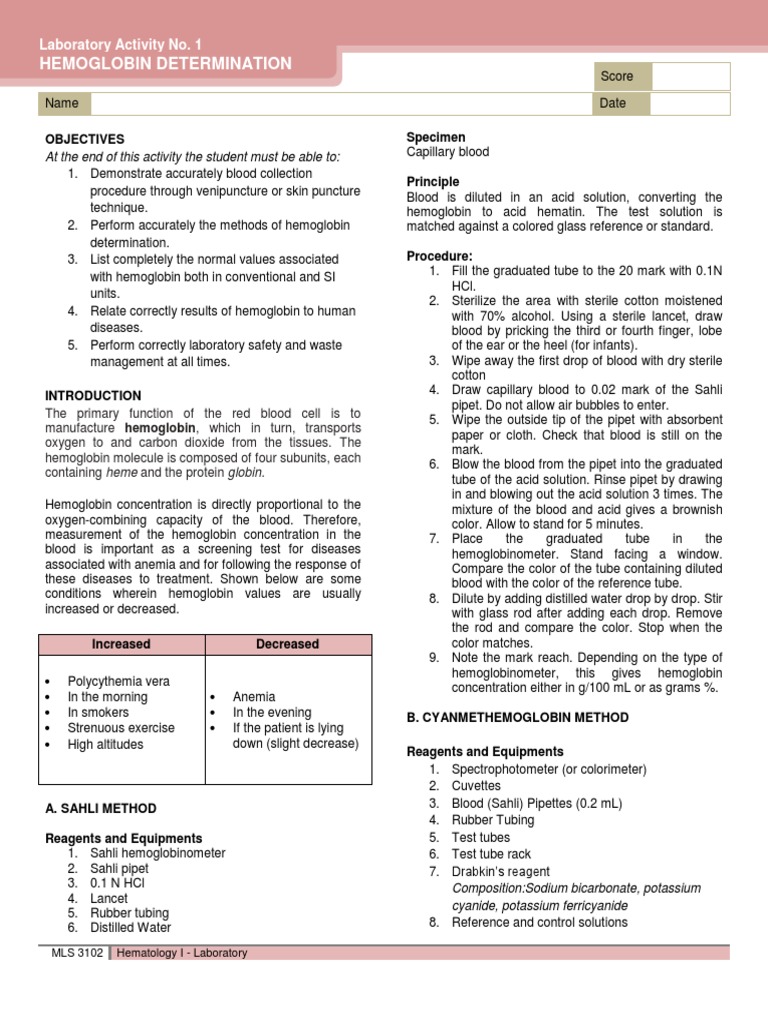 Lab Activity No. 1 - Hemoglobin Determination | PDF | Hemoglobin | Blood