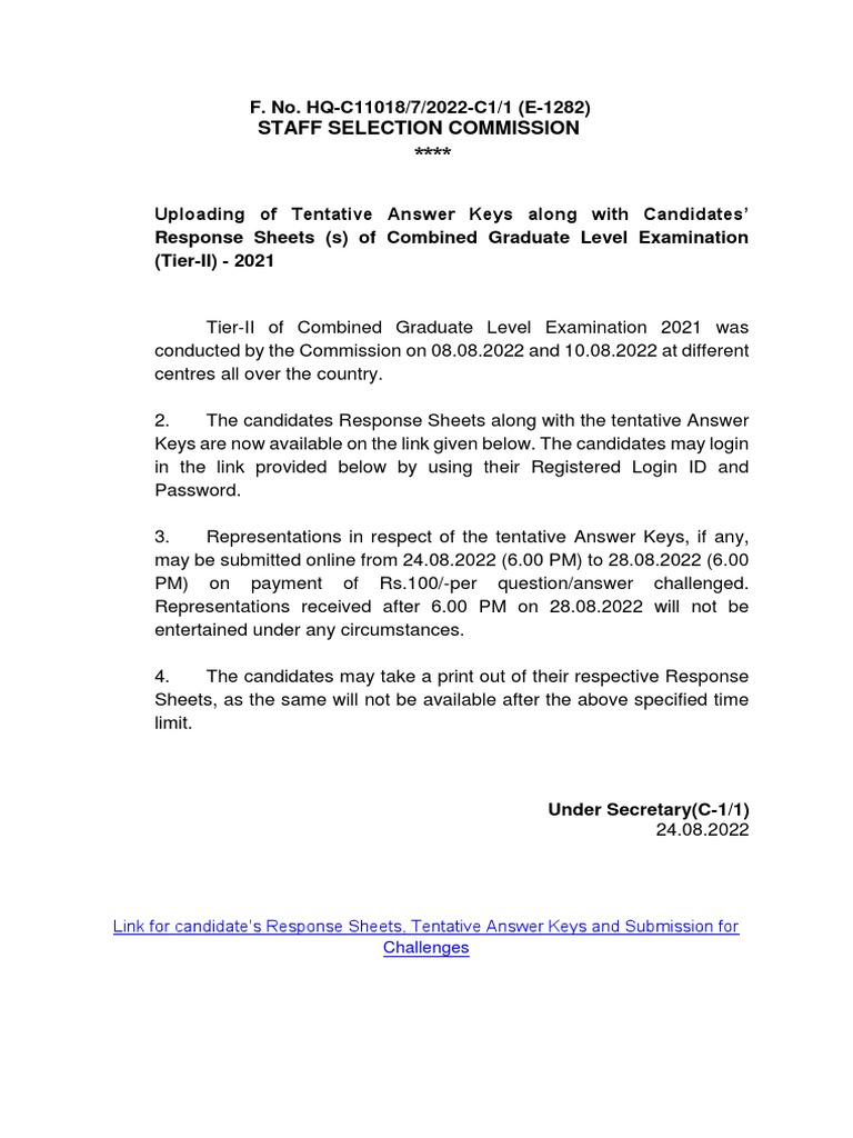 Tentative Answer Keys CGLE T2 2021 24082022 | PDF