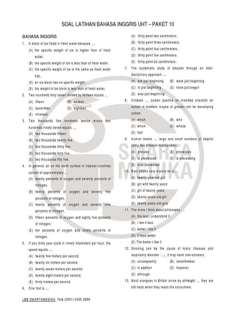 Soal Latihan Bahasa Inggris Uht Paket 10 | PDF
