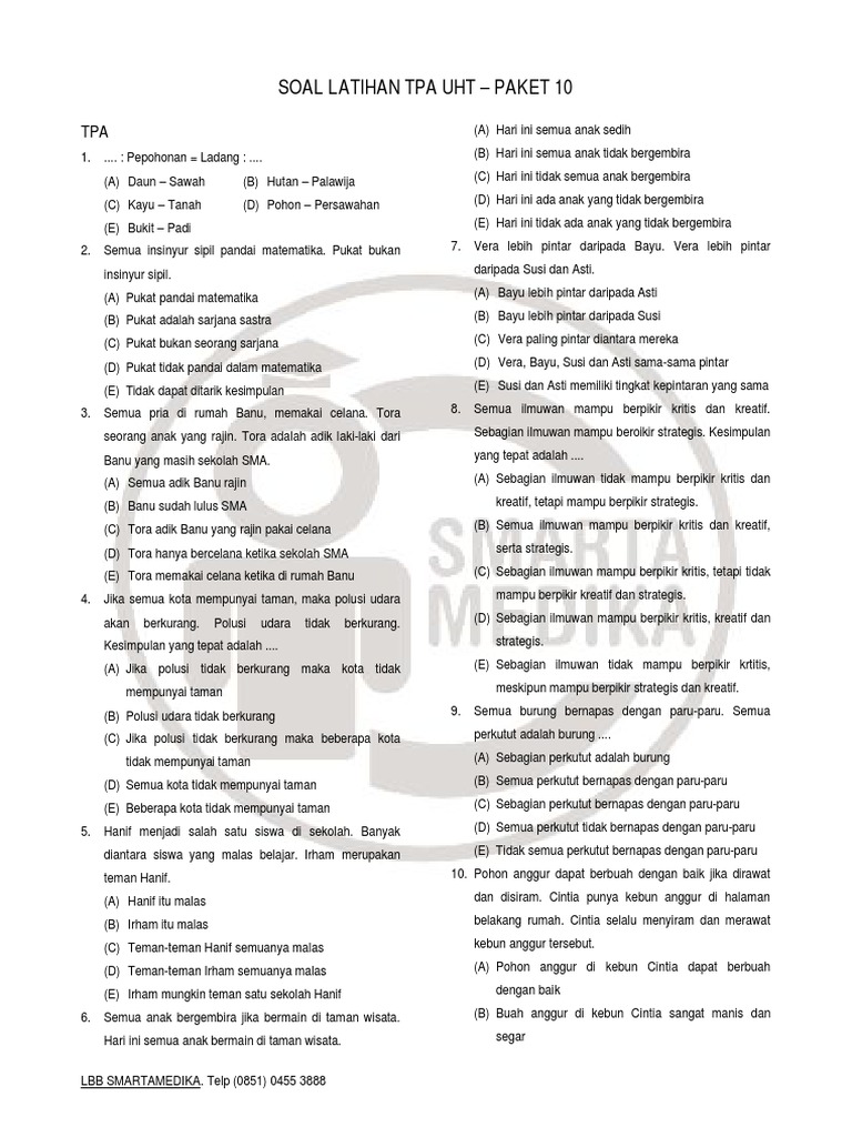 Soal Latihan Tpa Uht Paket 10 | PDF