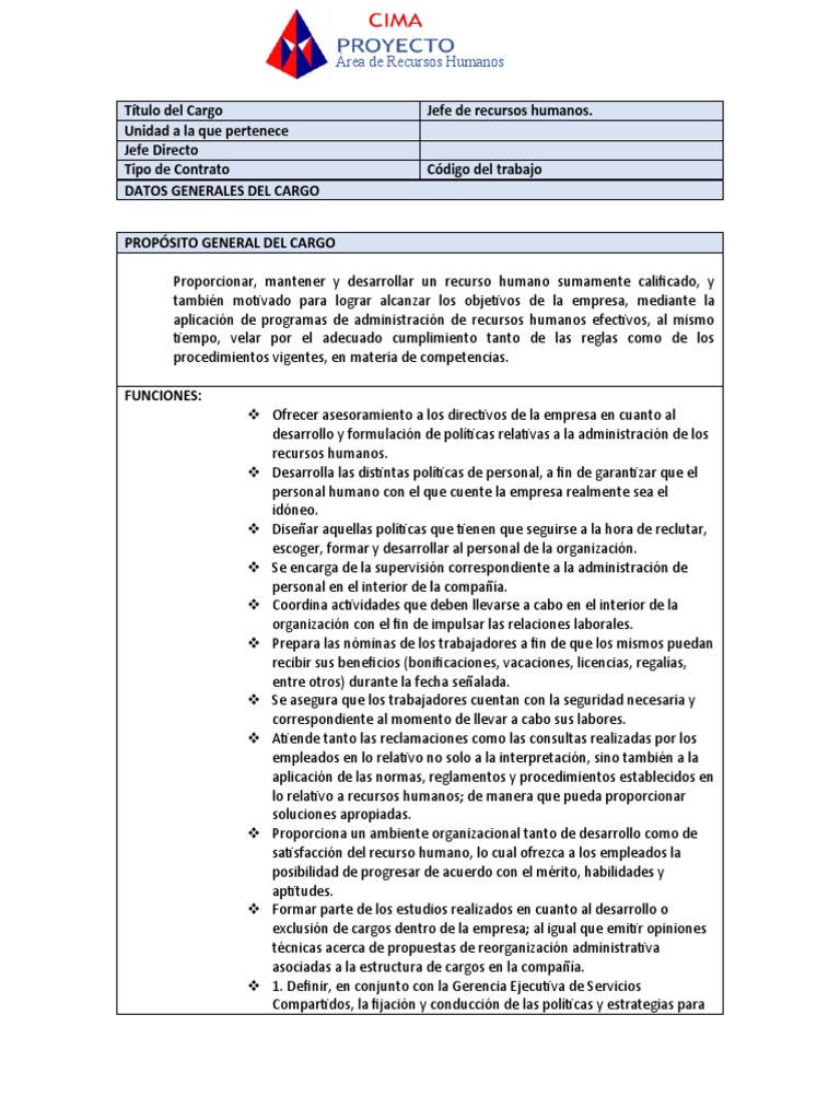 Perfil Jefe de RRHH | PDF | Gestión de recursos humanos | Business