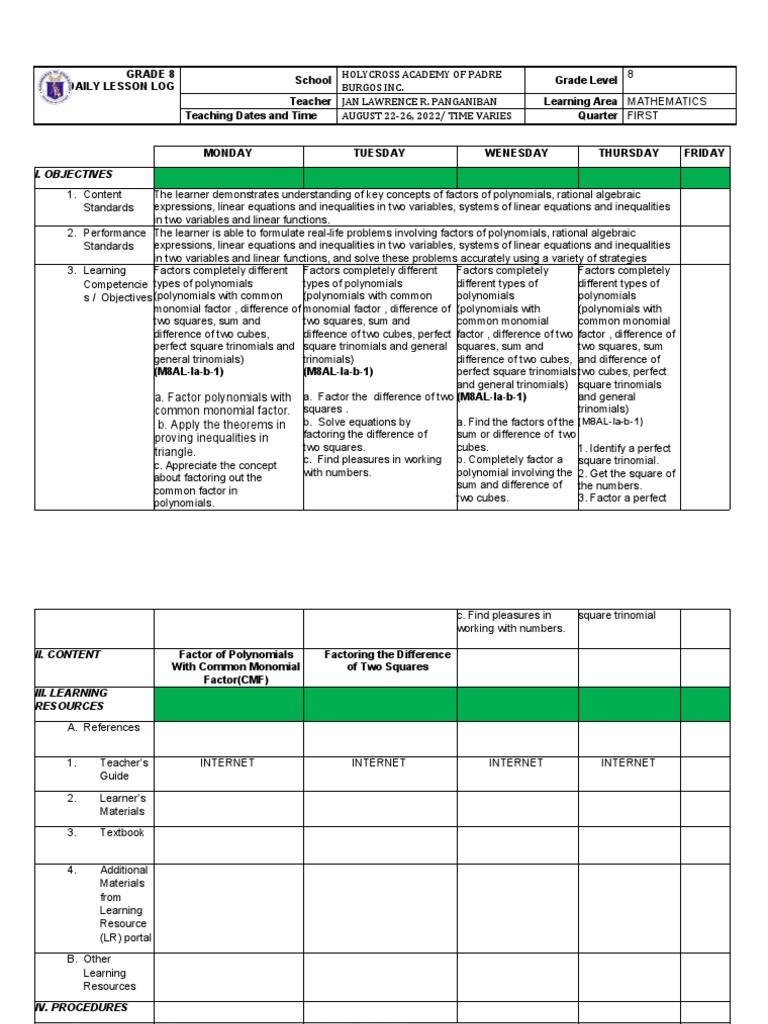Grade 8 Math | PDF | Factorization | Polynomial