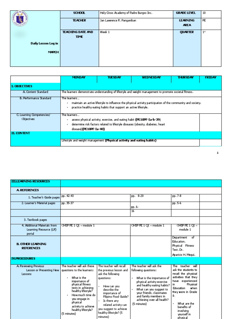 Q1 Grade 10 PE DLL Week 1 | PDF | Physical Education | Teachers