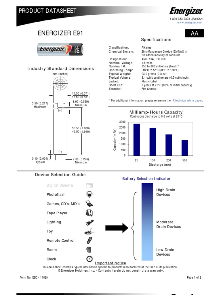 Energizer E91: Product Datasheet | PDF | Electromagnetism | Electrical Engineering