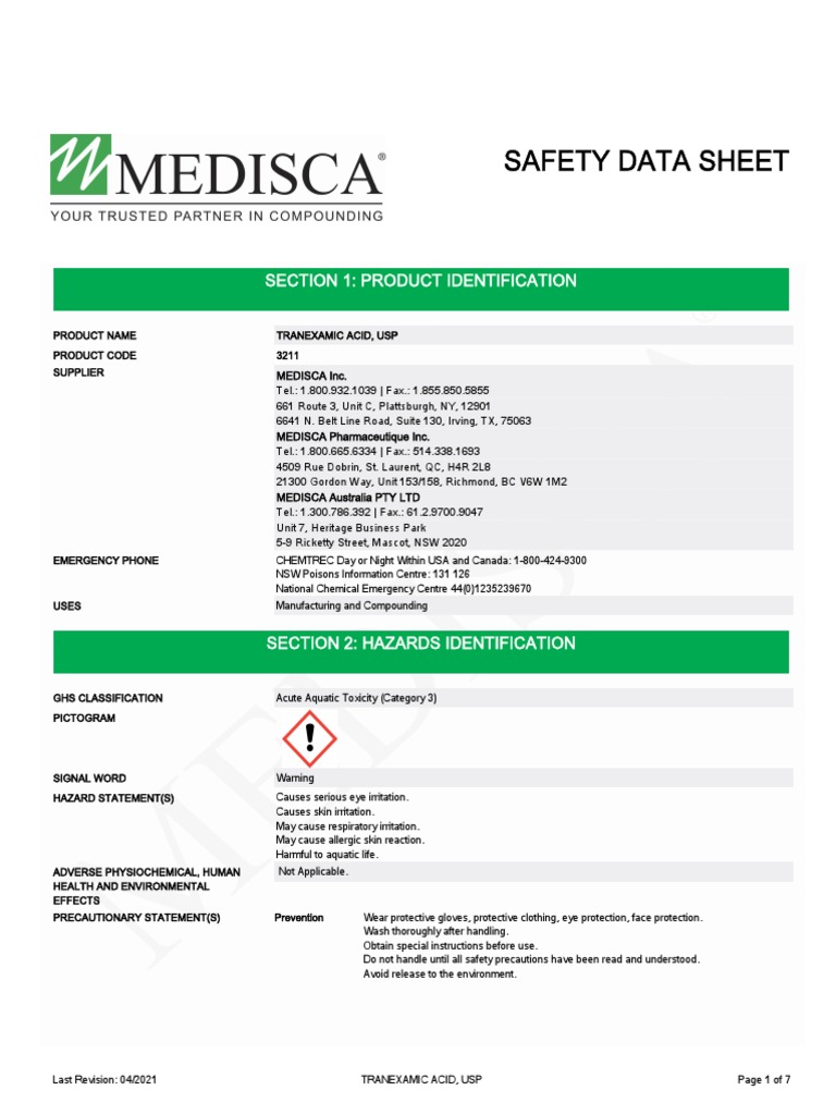 Safety Data Sheet: Section 1: Product Identification | PDF | Personal Protective Equipment ...