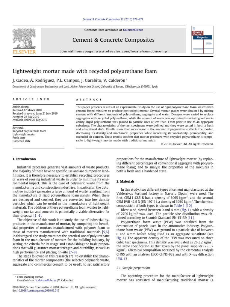 Lightweight Mortar Made With Recycled Polyurethane Foam | PDF ...