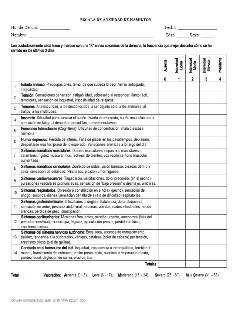 04 - Escala de Ansiedad de Hamilton | PDF | Depresión (estado de ánimo ...