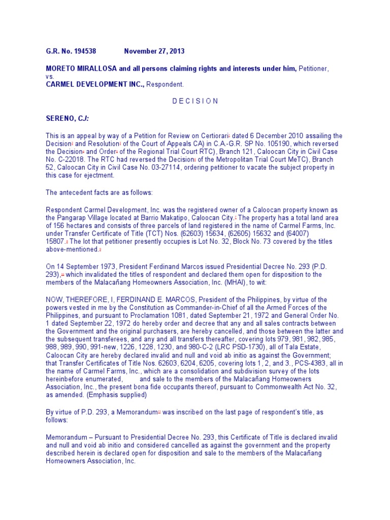 G.R. No. 194538 November 27, 2013 MORETO MIRALLOSA and All Persons Claiming Rights and Interests ...
