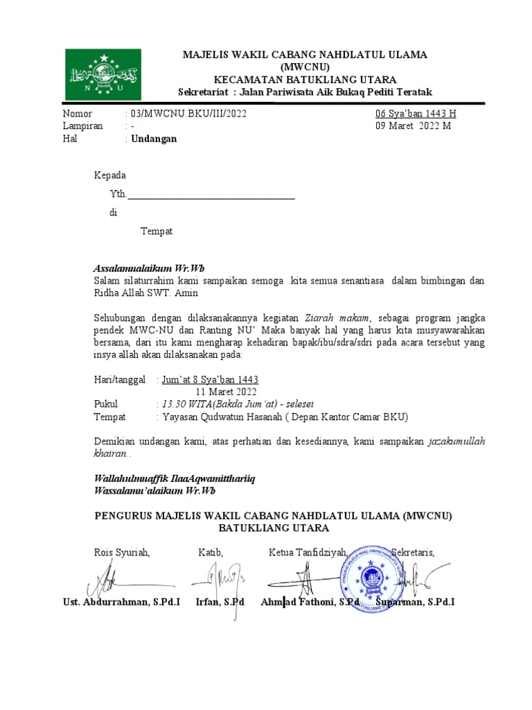 Surat Undangan Mwc-Nu | PDF