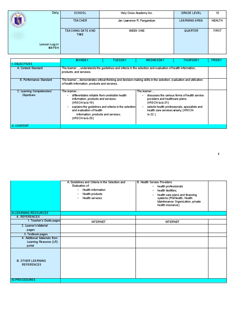 Grade 10 Health Lesson Plan Week 1 | PDF | Learning | Teachers