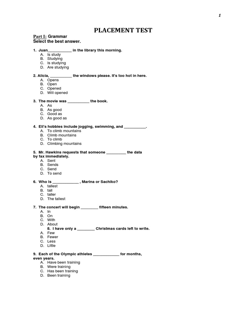 Placement Test: Grammar Select The Best Answer | PDF | Communication