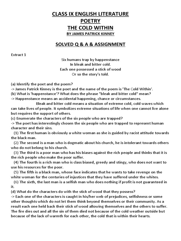 Class Ix English Literature Poetry The Cold Within: Solved Q & A ...