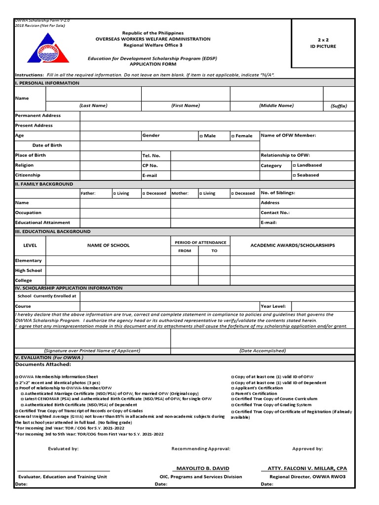 OWWA Scholarship Form Guide | PDF | Birth Certificate | Government And ...