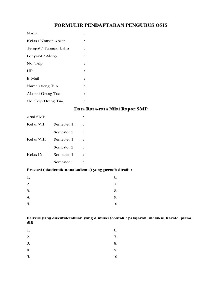 Form Pendaftaran OSIS 2022 | PDF