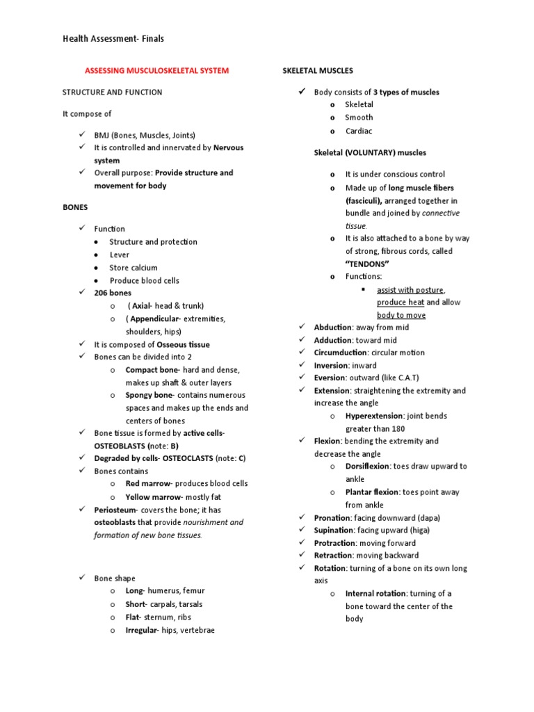 Health Assessment-Finals: Assessing Musculoskeletal System | PDF | Anatomical Terms Of Motion ...