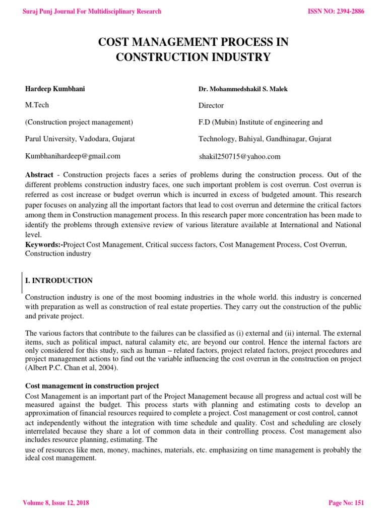 Cost Management Process in Construction Industry: Hardeep Kumbhani | PDF | Project Management ...