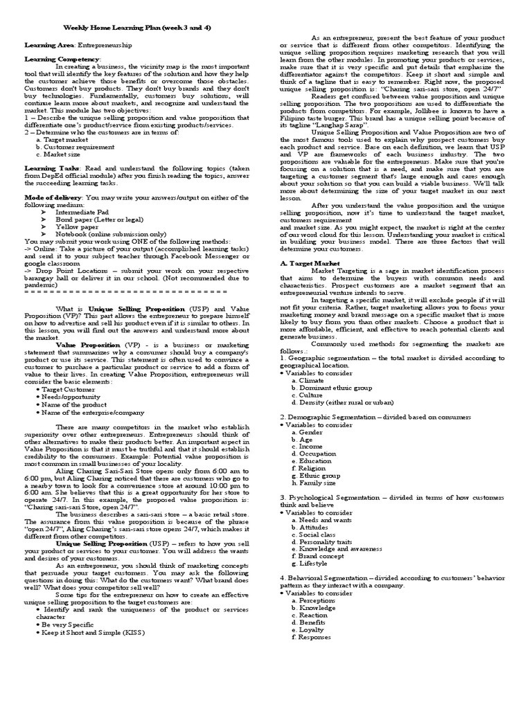 Wk-3-And-4-Entrepreneurship G12 Module LAS and WHLP | PDF | Market Segmentation | Marketing
