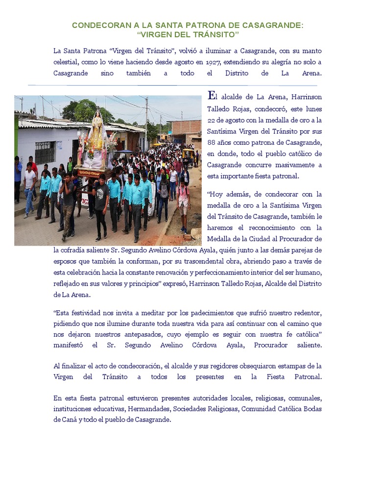 Condecoran A La Santa Patrona de Casagrande | PDF | Adoración Cristiana ...