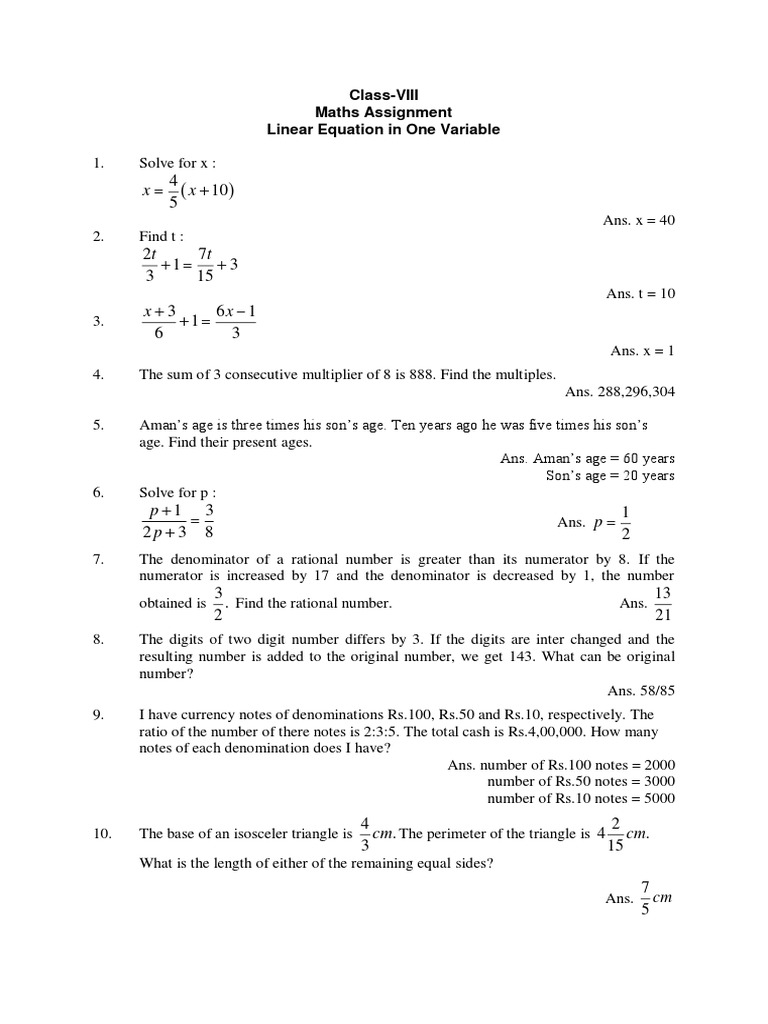 Assignment - Linear Equation in One Variable | PDF | Numbers ...