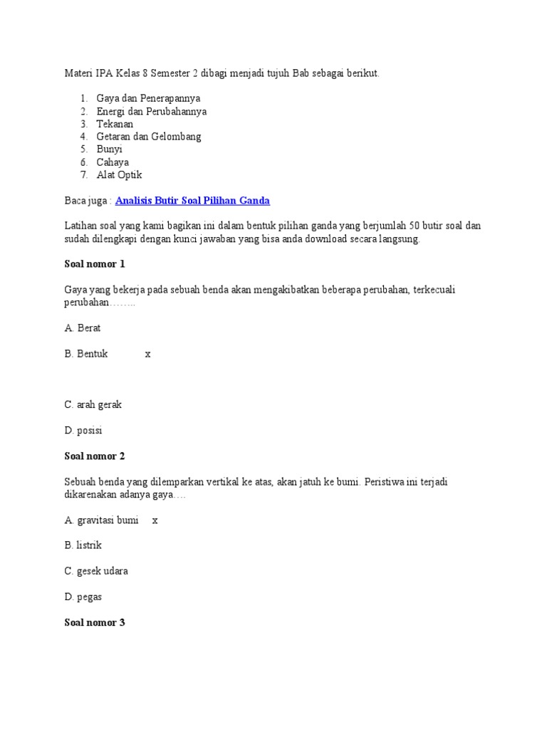 Contoh Soal Uas Ipa Semester 2 Kelas 8 | PDF