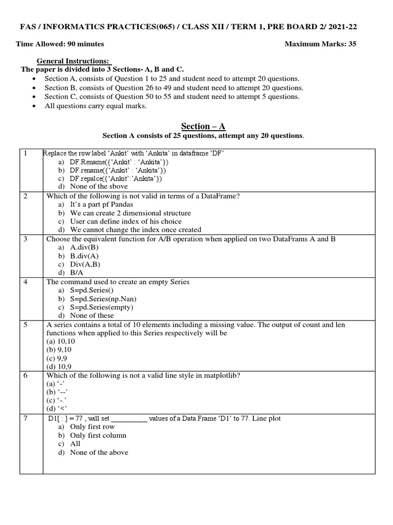 Class XII - IP - QP - PRE TERM1 - PB2 - 2021 (SET B) | PDF | Boolean ...