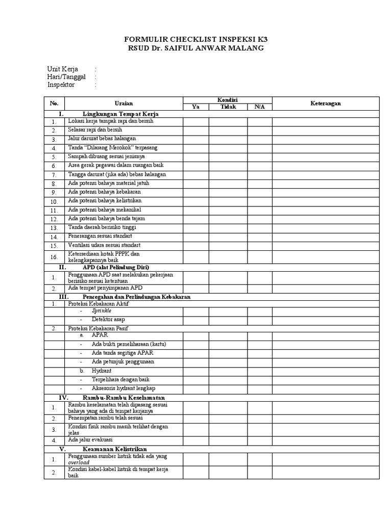 Formulir Checklist Inspeksi K3 New | PDF