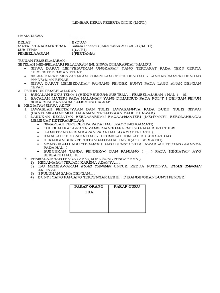 Contoh LKPD SD Kelas 2 | PDF