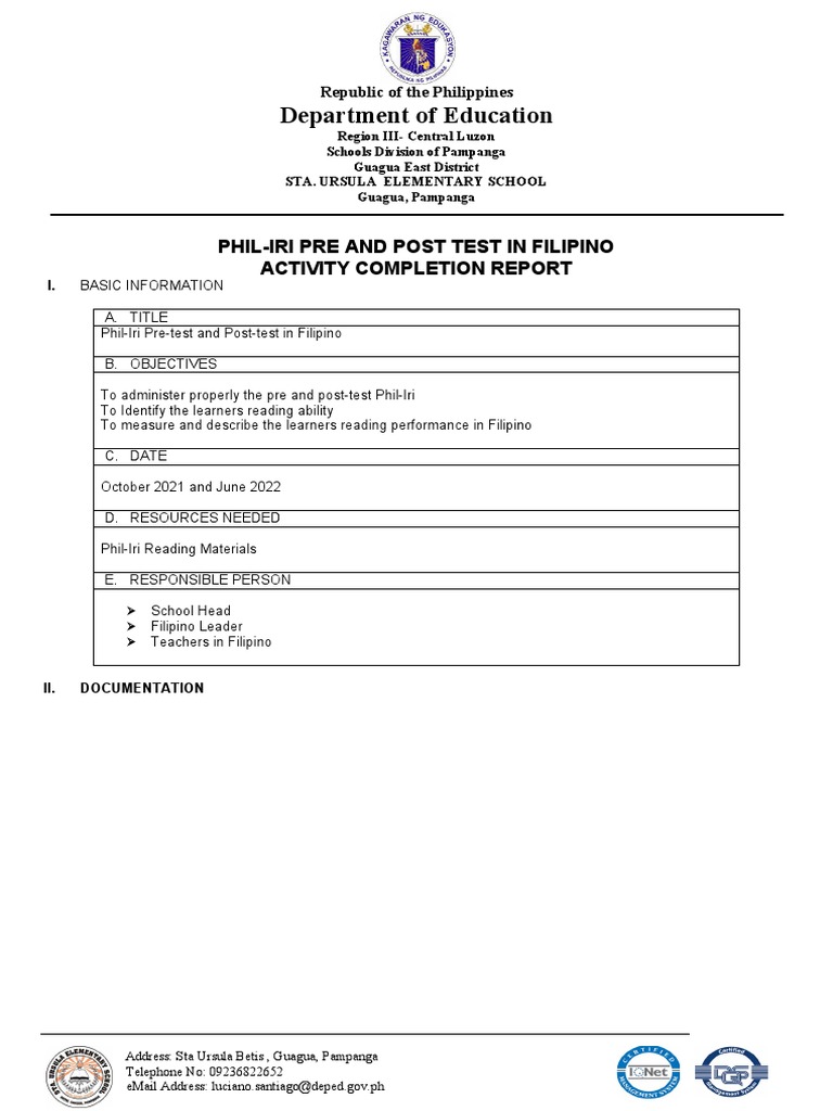 Department of Education: Phil-Iri Pre and Post Test in Filipino ...