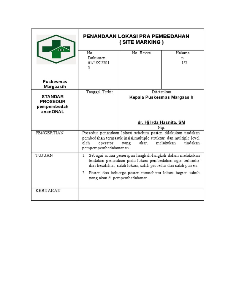 SPO Penandaan Lokasi Pra Pembedahan Site Marking | PDF