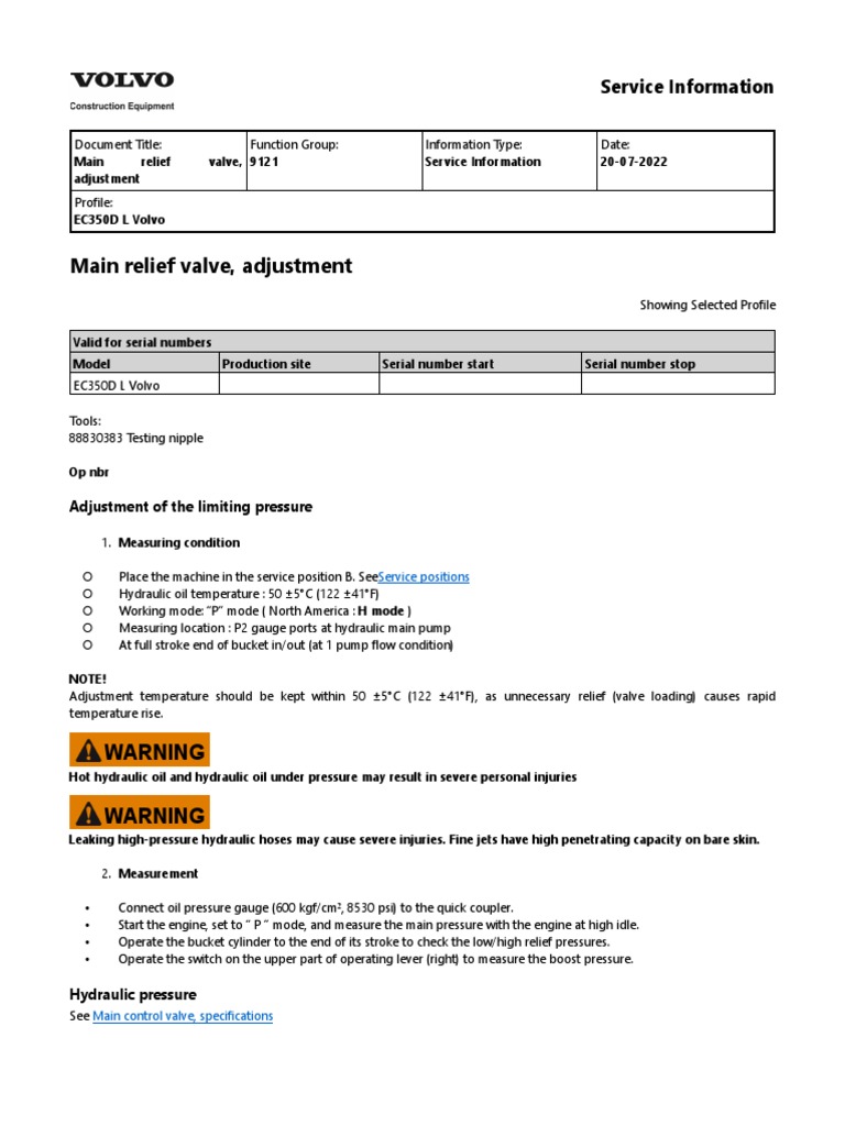 Main Relief Valve, Adjustment | PDF | Valve | Pressure