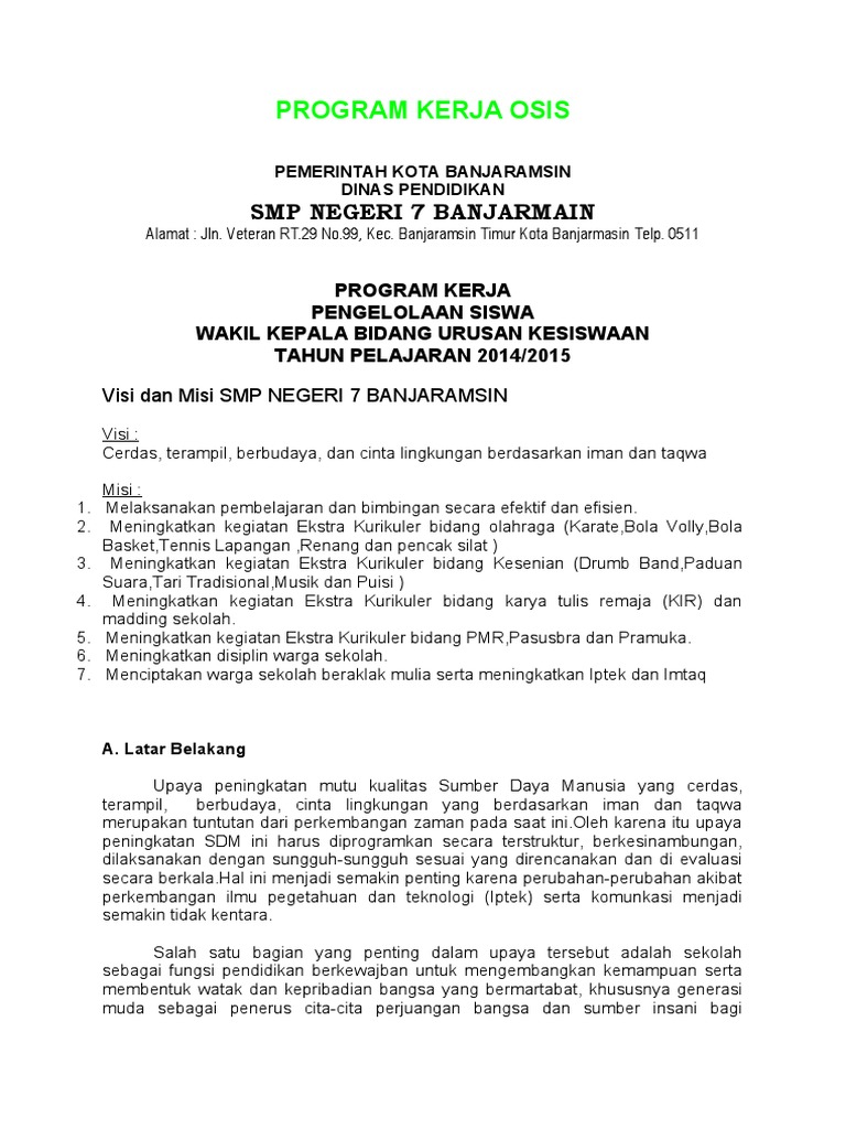 Program Kerja OSIS SMP Negeri 7 Banjarmasin | PDF | Karier & Perkembangan
