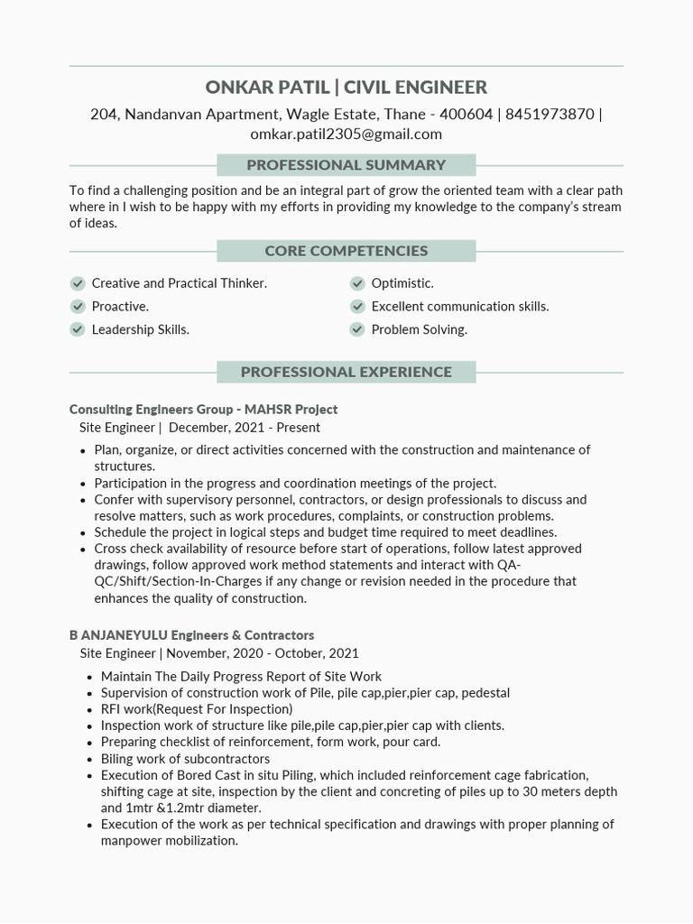 A Resume for Omkar Patil Seeking a Position as a Civil Engineer | PDF | Deep Foundation ...