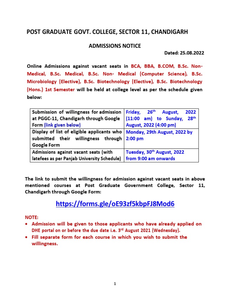 Post Graduate Govt. College, Sector 11, Chandigarh: Admissions Notice | PDF
