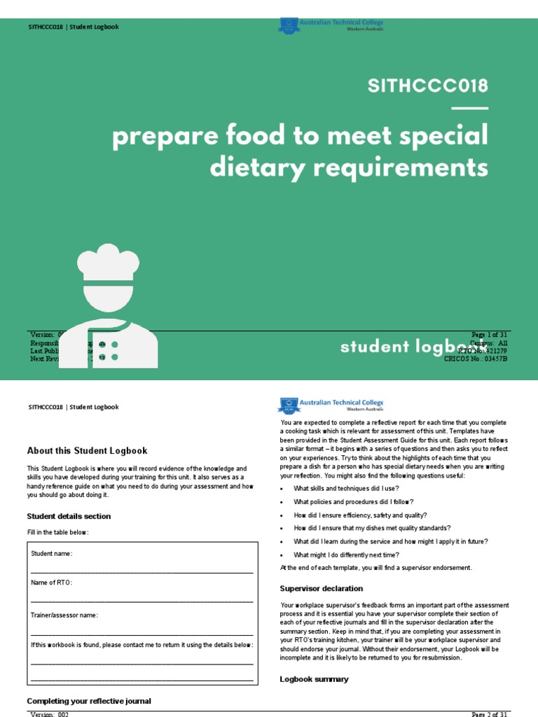SITHCCC018 Student Logbook | PDF | Foods | Cooking