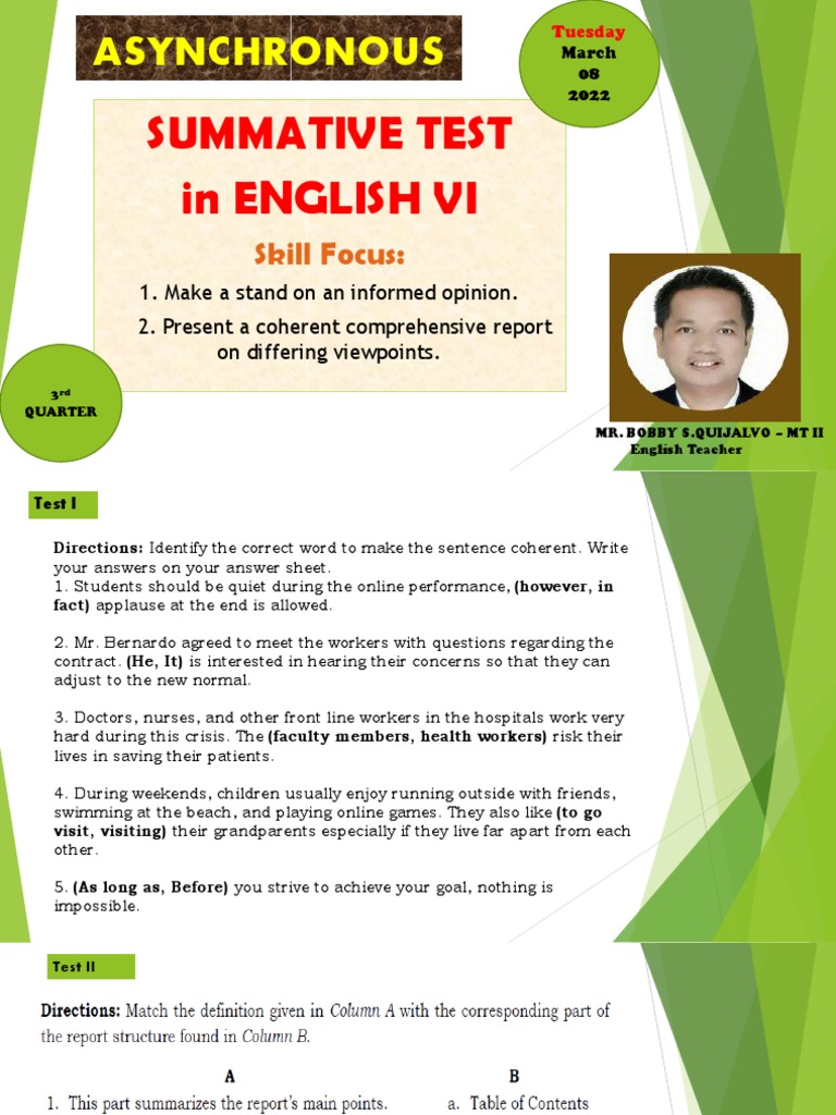 Summative Test in English Vi: Asynchronous | PDF