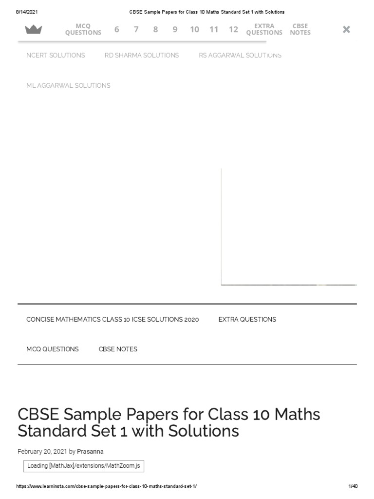 CBSE Sample Papers For Class 10 Maths Standard Set 1 With Solutions ...