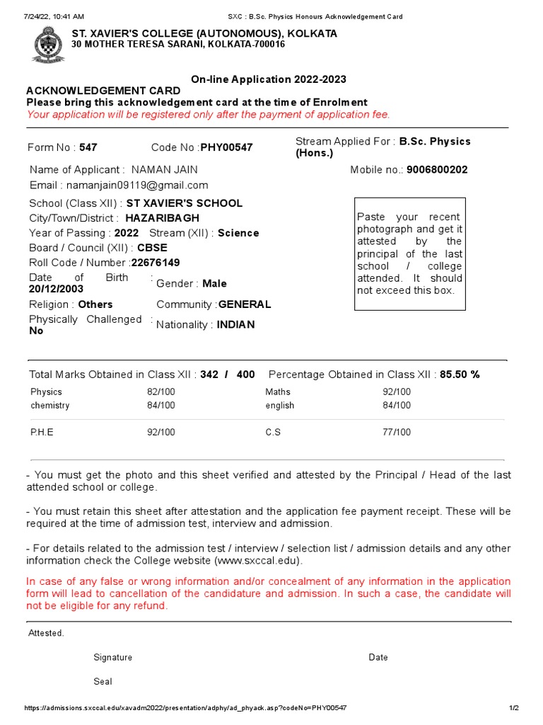 SXC - B.sc. Physics Honours Acknowledgement Card 1 | PDF