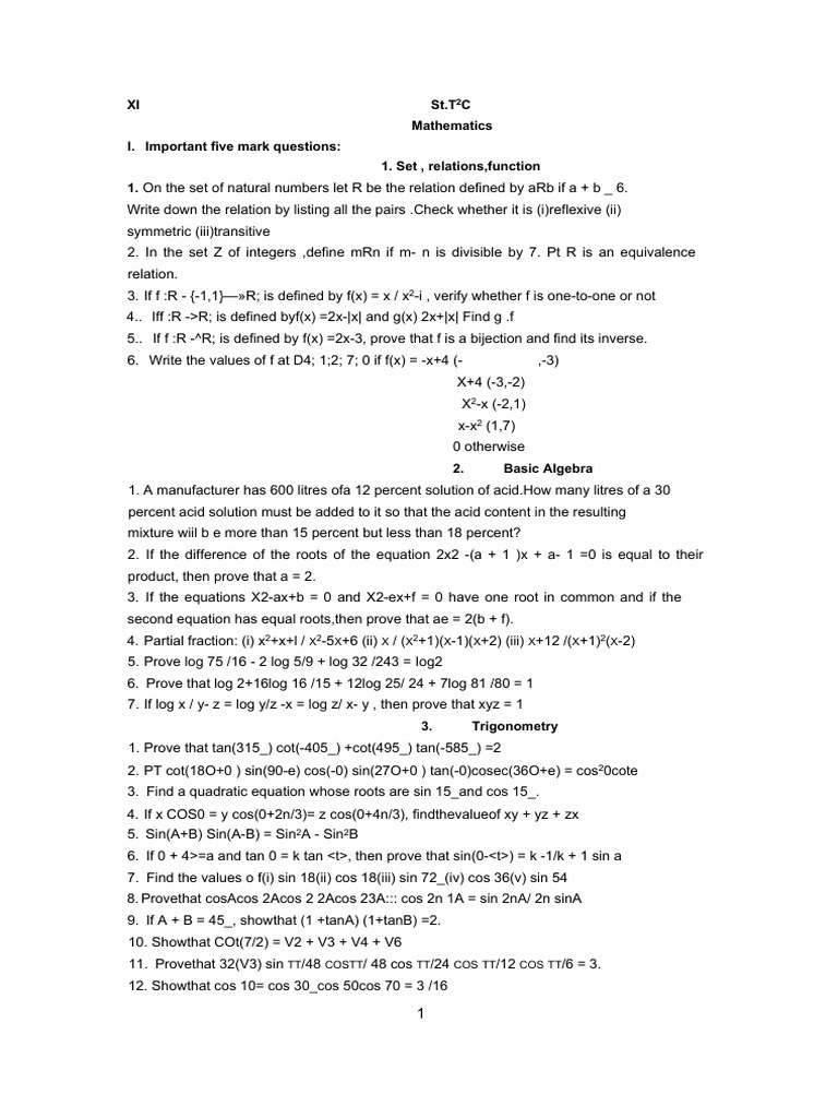 XI ST.T C Mathematics I. Important Five Mark Questions: 1. Set ...