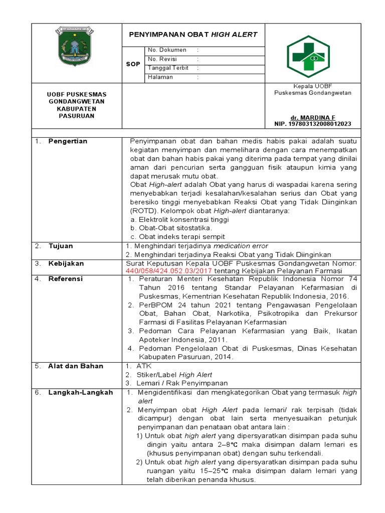 Rev. SOP PENYIMPANAN OBAT HIGT ALERT | PDF